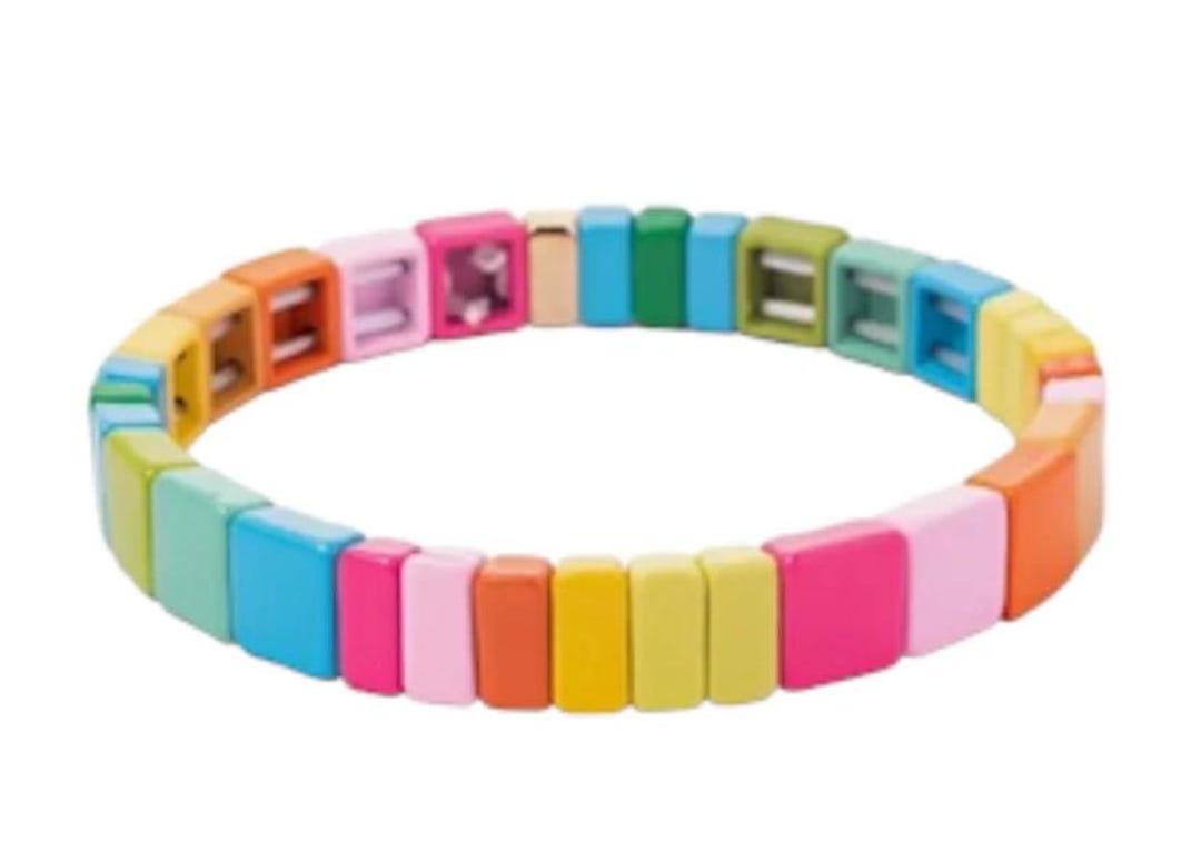 Women's Colorful Enamel Stretchy Tile Bracelet for Stacking - Etsy