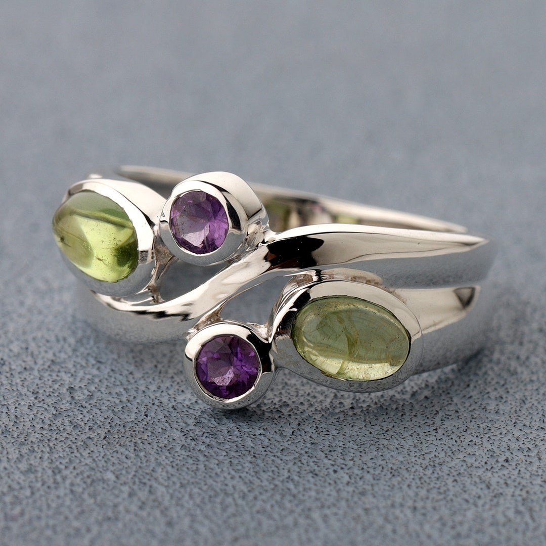 Oval Peridot Round Amethyst Ring, Amethyst Peridot Silver Ring, Peridot ...