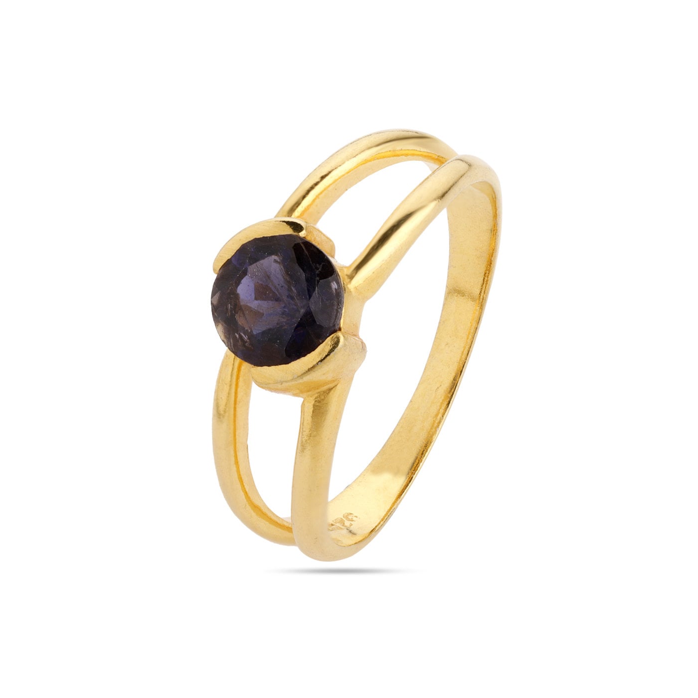 Round Iolite Gold Ring, Blue Iolite Gemstone Ring, Double Band Ring ...