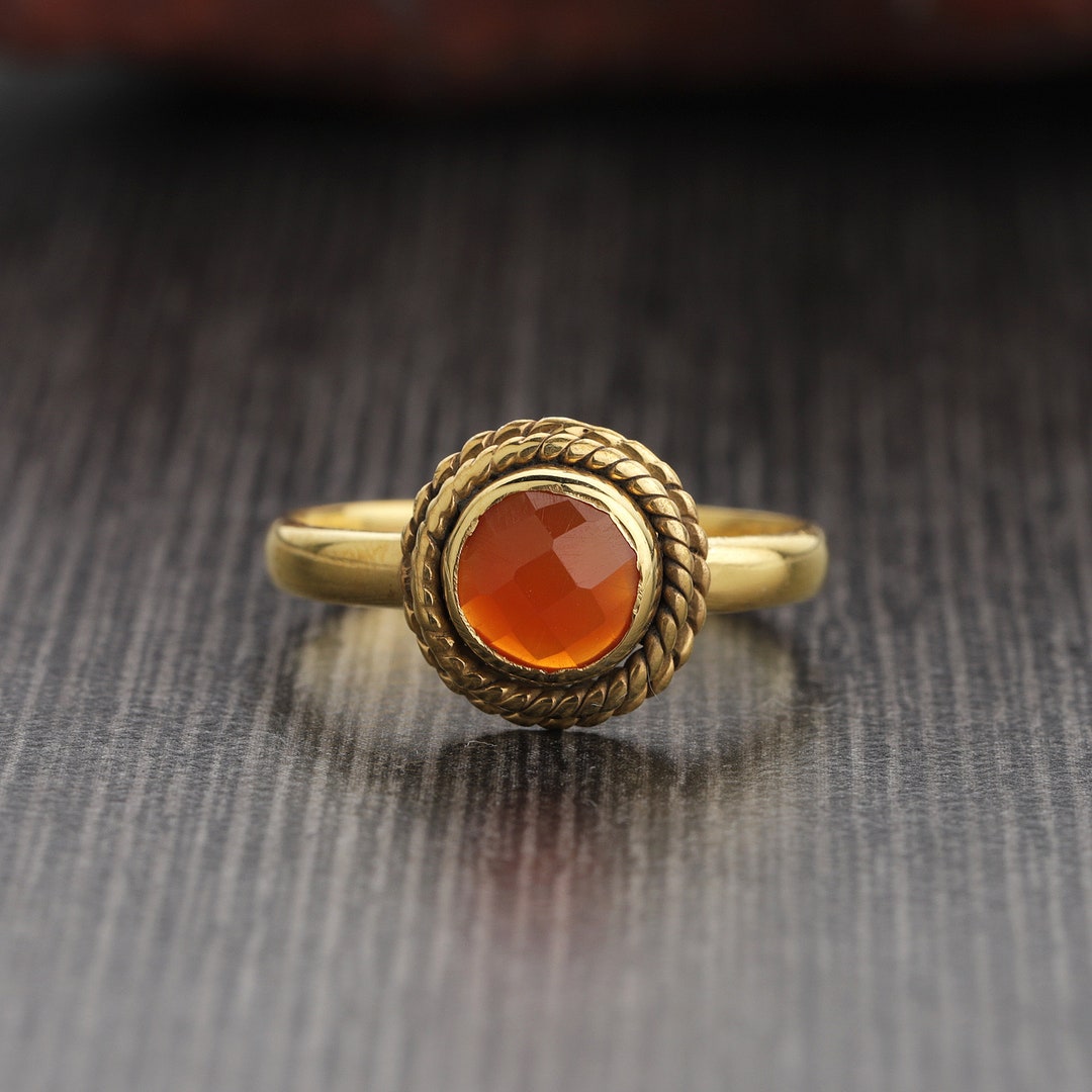 Round Checker Cut Carnelian Ring, Gold Plated Ring, Minimalist Ring ...