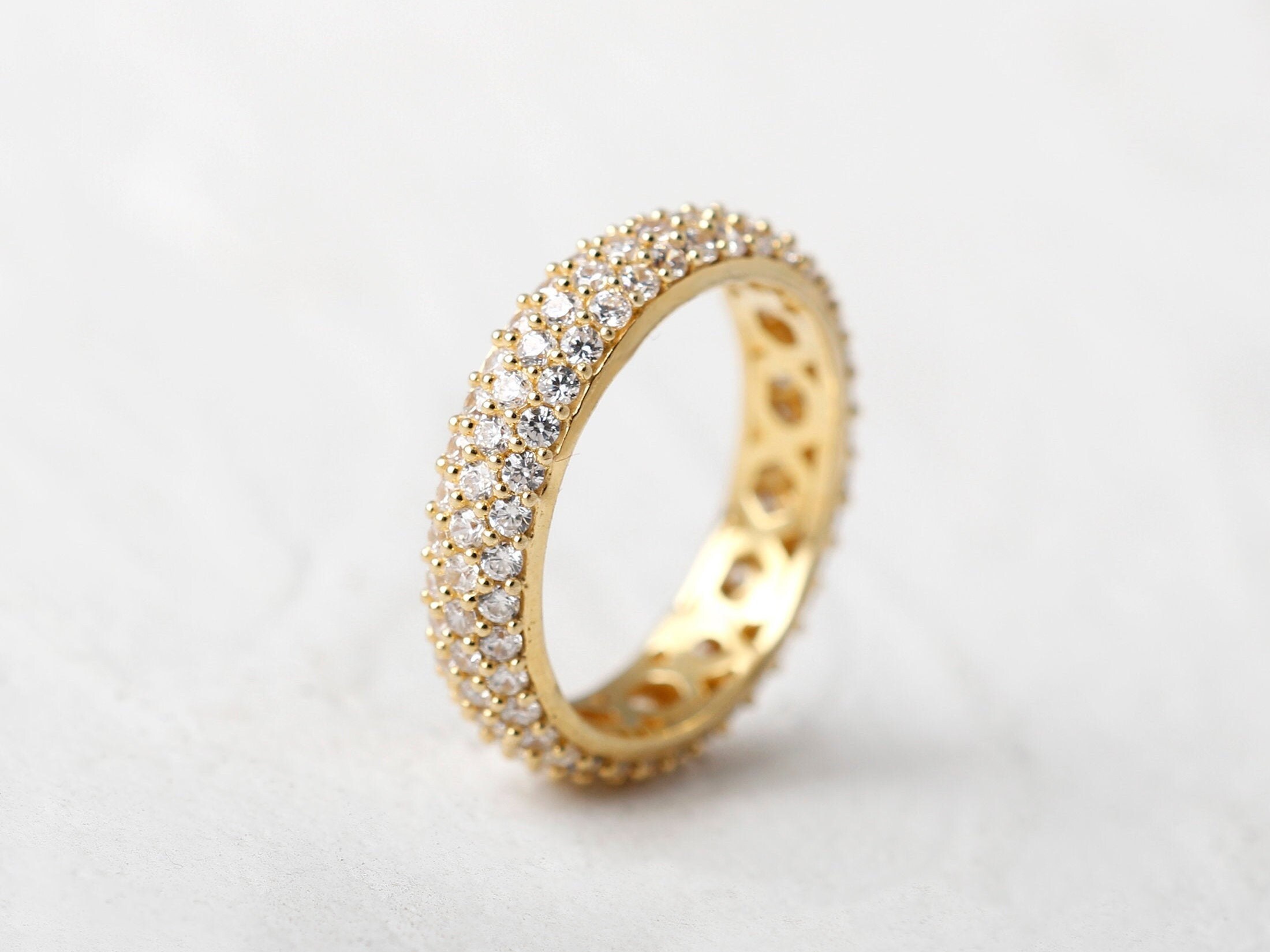 Three Layered Eternity Wedding Ring, 14k Gold Engagement Ring, Thick ...