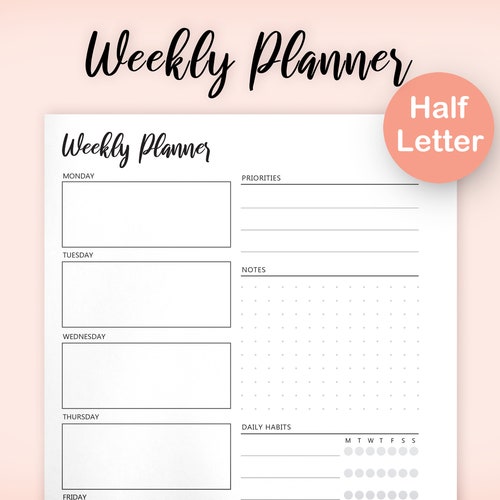 PRINTABLE Weekly Planner Insert Half Letter Horizontal Week - Etsy