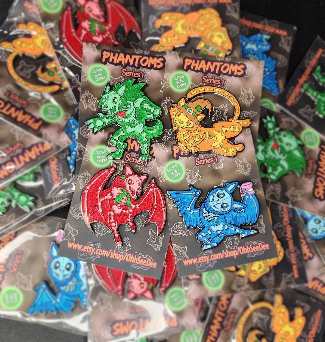 Halloween Phantom Skeleton Animal Enamel Pins Glitter Glow Cat Werewolf ...