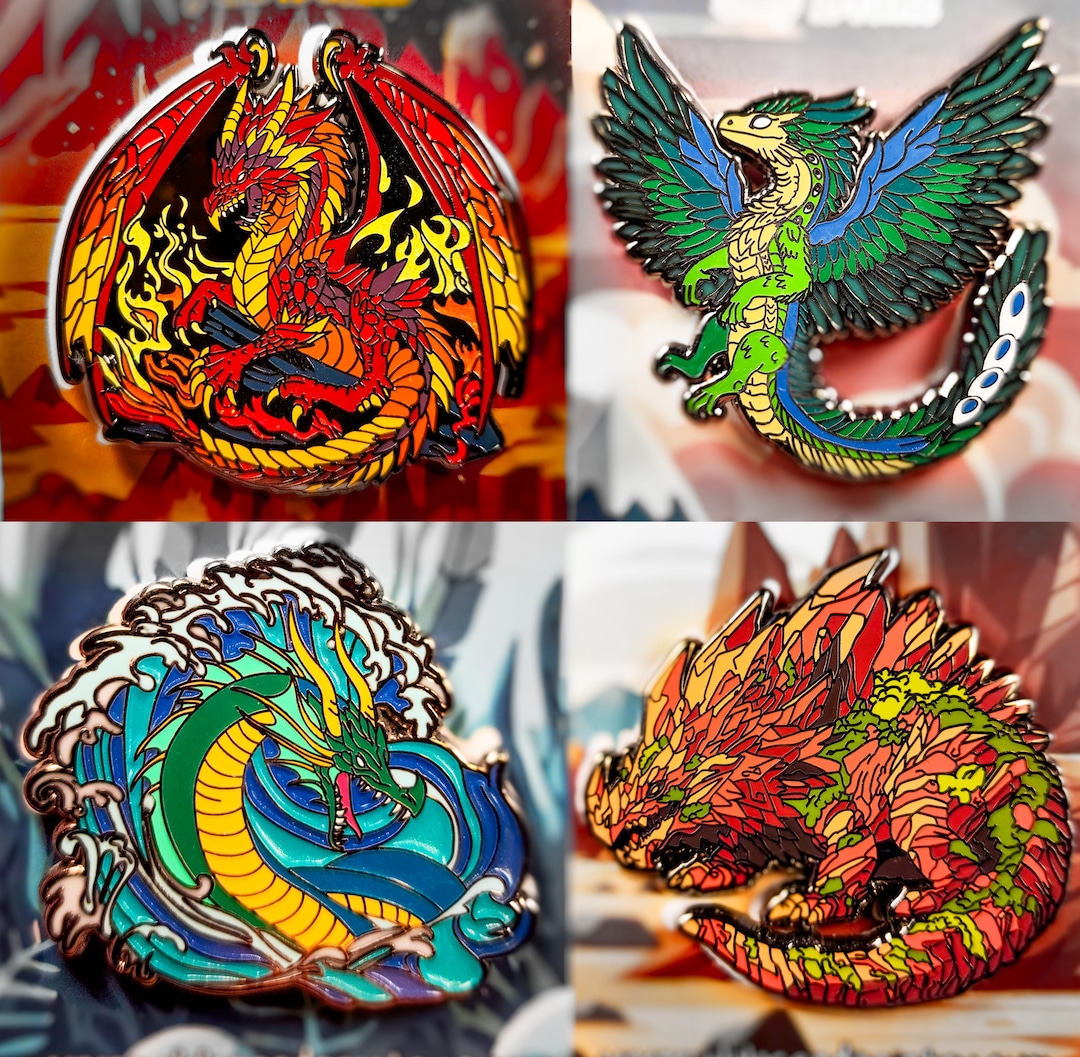 Elemental Dragon Enamel Pins Glow Glitter Fantasy Fire Sky Earth Water ...