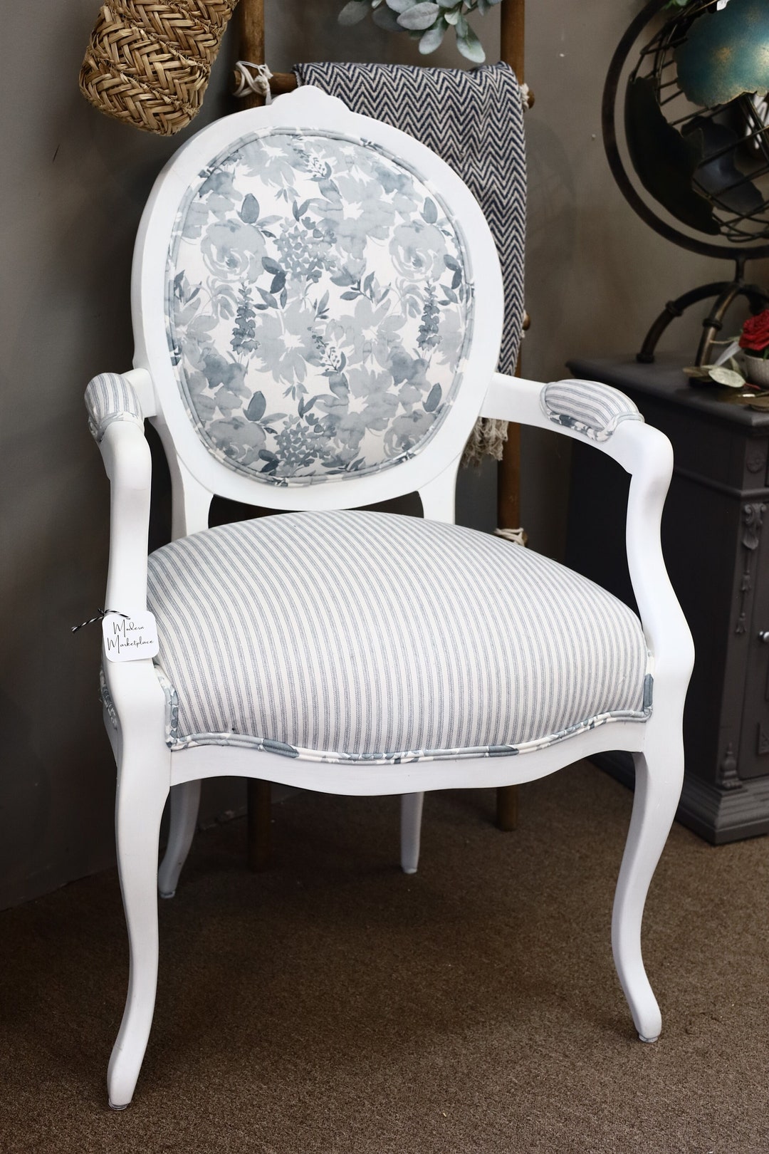 French Country Accent Chair. Blue and White French Arm Chair - Etsy
