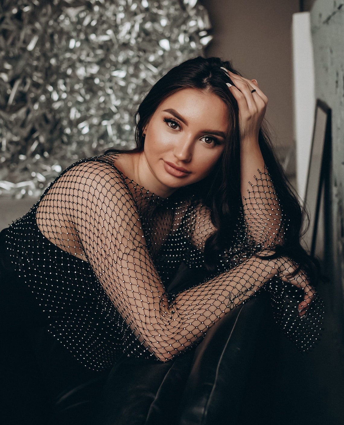 Luxe Black Rhinestone Mesh Long Sleeve Top With Crystals, Festival ...