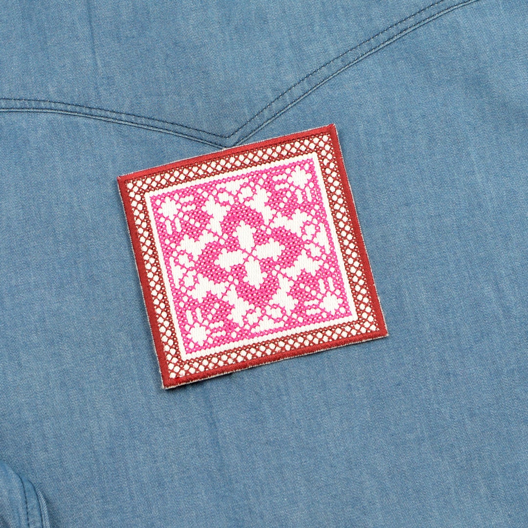 Cross Stitched Patch for Jacket, Iron on or Sew On, Pink and Burgundy ...