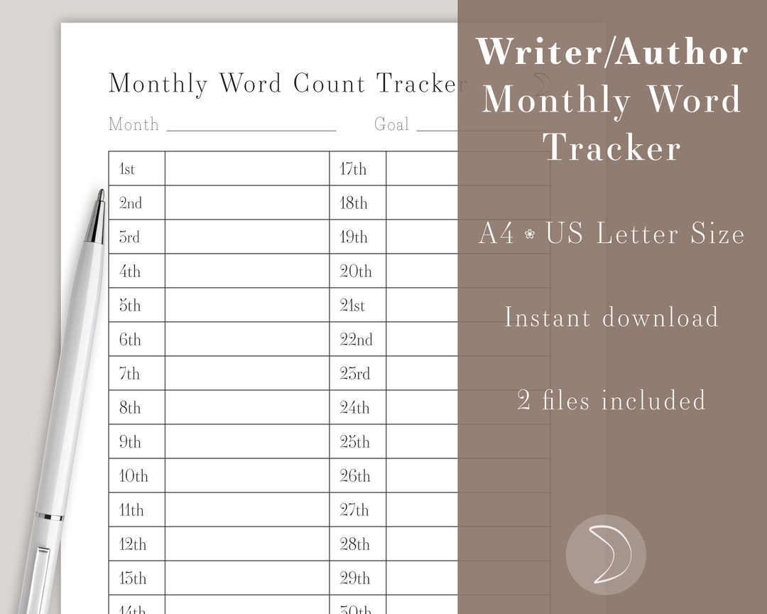 PRINTABLE Monthly Word Tracker Inserts for Authors and Writers - A4 ...
