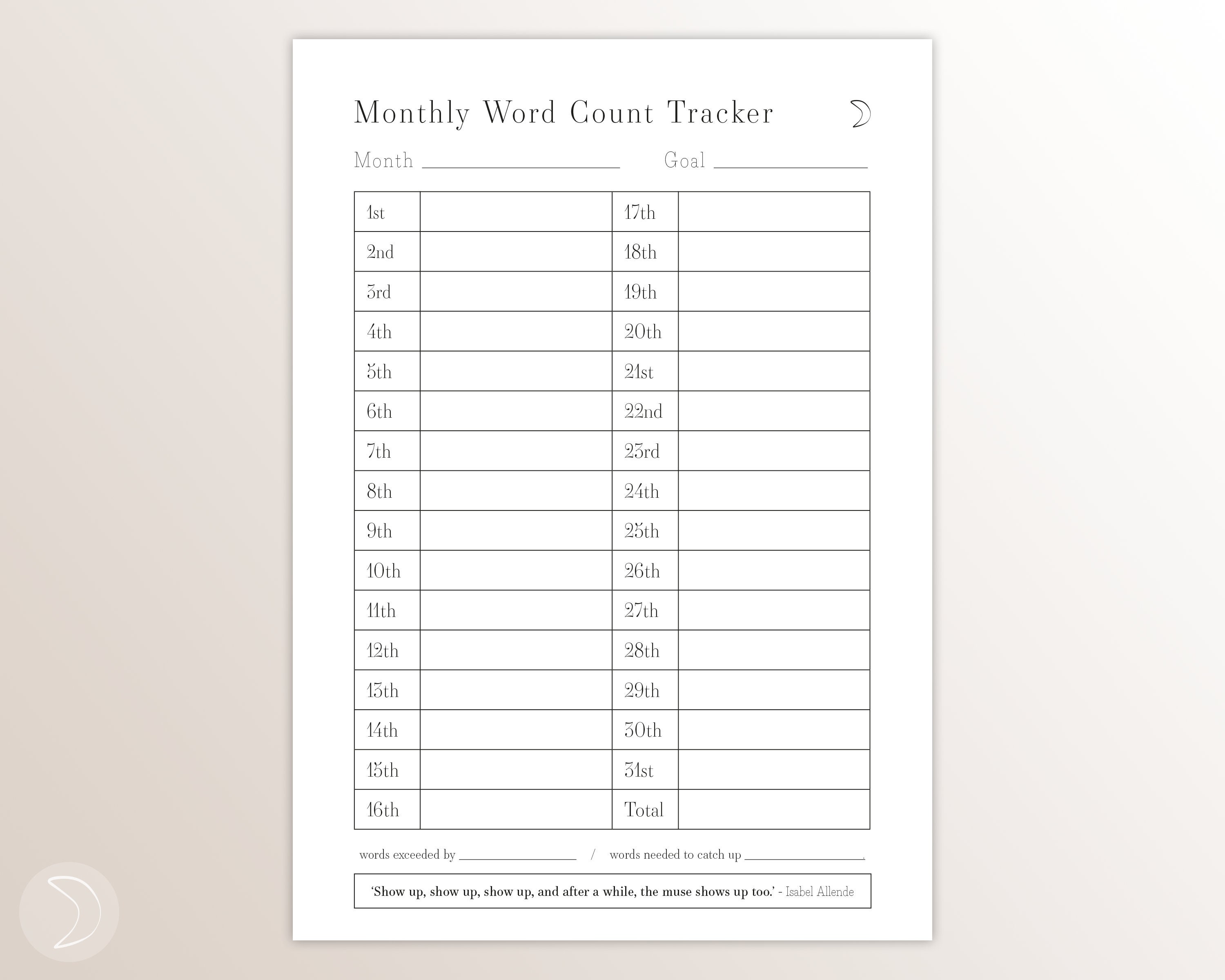 PRINTABLE Monthly Word Tracker Inserts for Authors and Writers - A4 ...