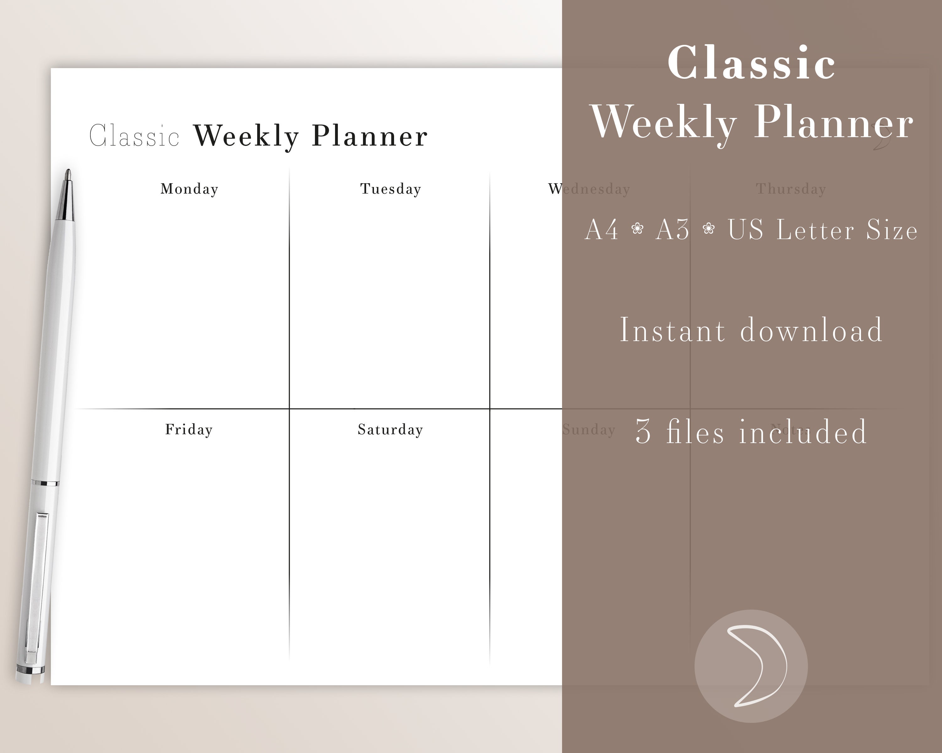 PRINTABLE Classic Weekly View Planner Calendar A4, A3 & US Letter Size ...