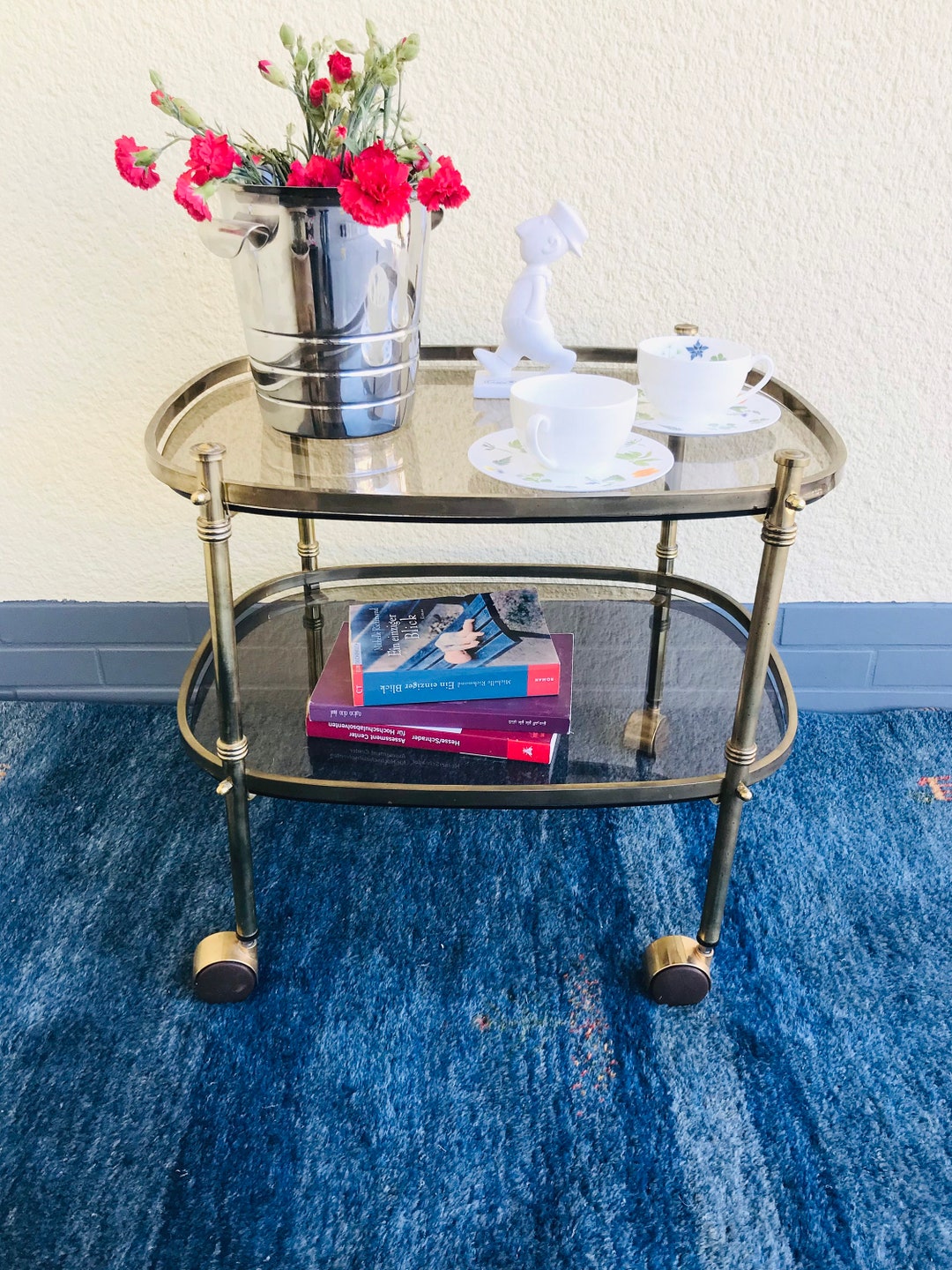 French Bar Cart / Serving Cart / Tea Cart Made of Brass With Two Smoked ...