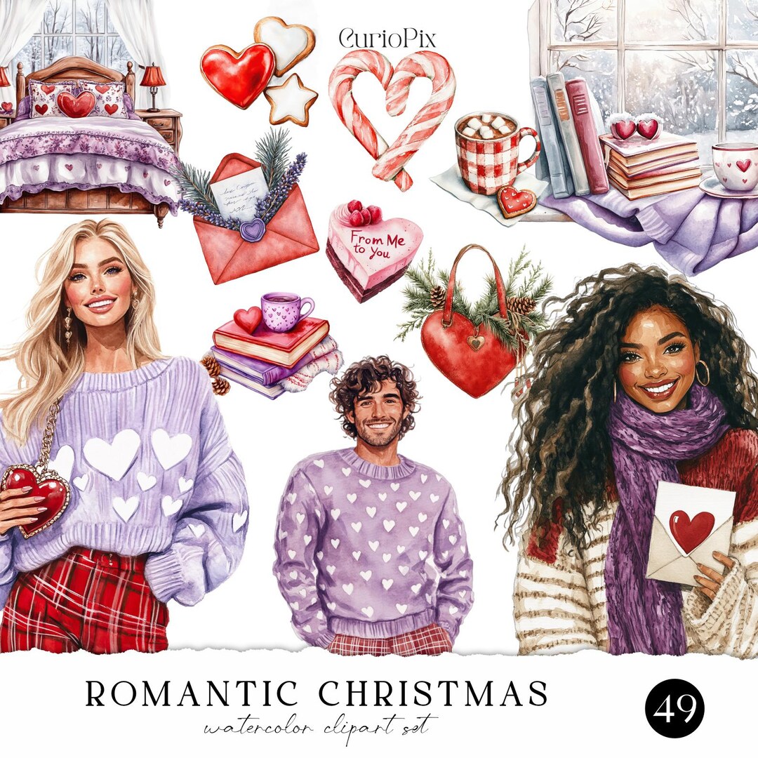 Watercolor Romantic Christmas Clipart, Cozy Romantic Winter Clip Art ...