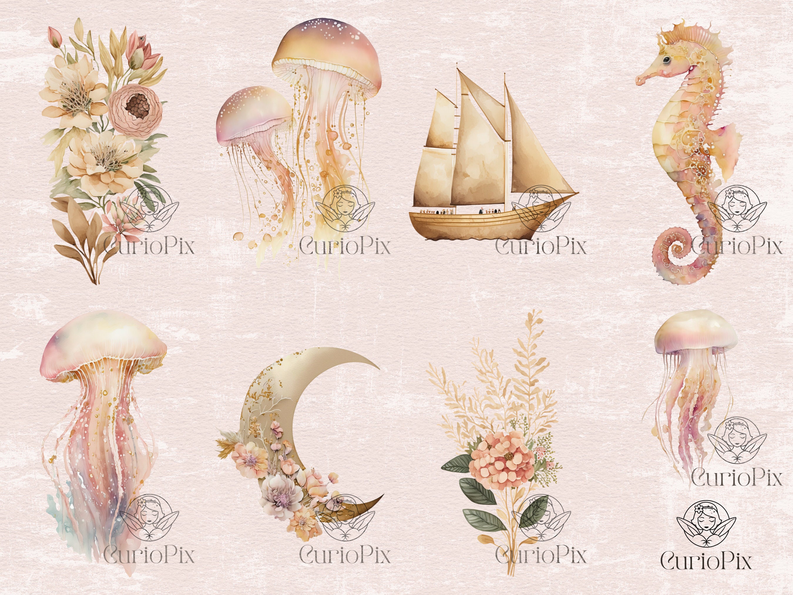 Boho Nautical Watercolor Clipart Ocean Beach Wedding Watercolor PNG ...