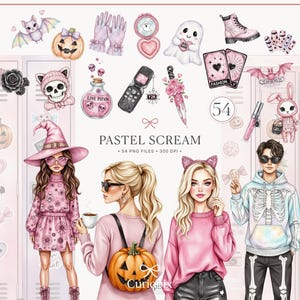 Watercolor Pastel Halloween Clipart: Floral Spooky PNG Bundle (digital ...