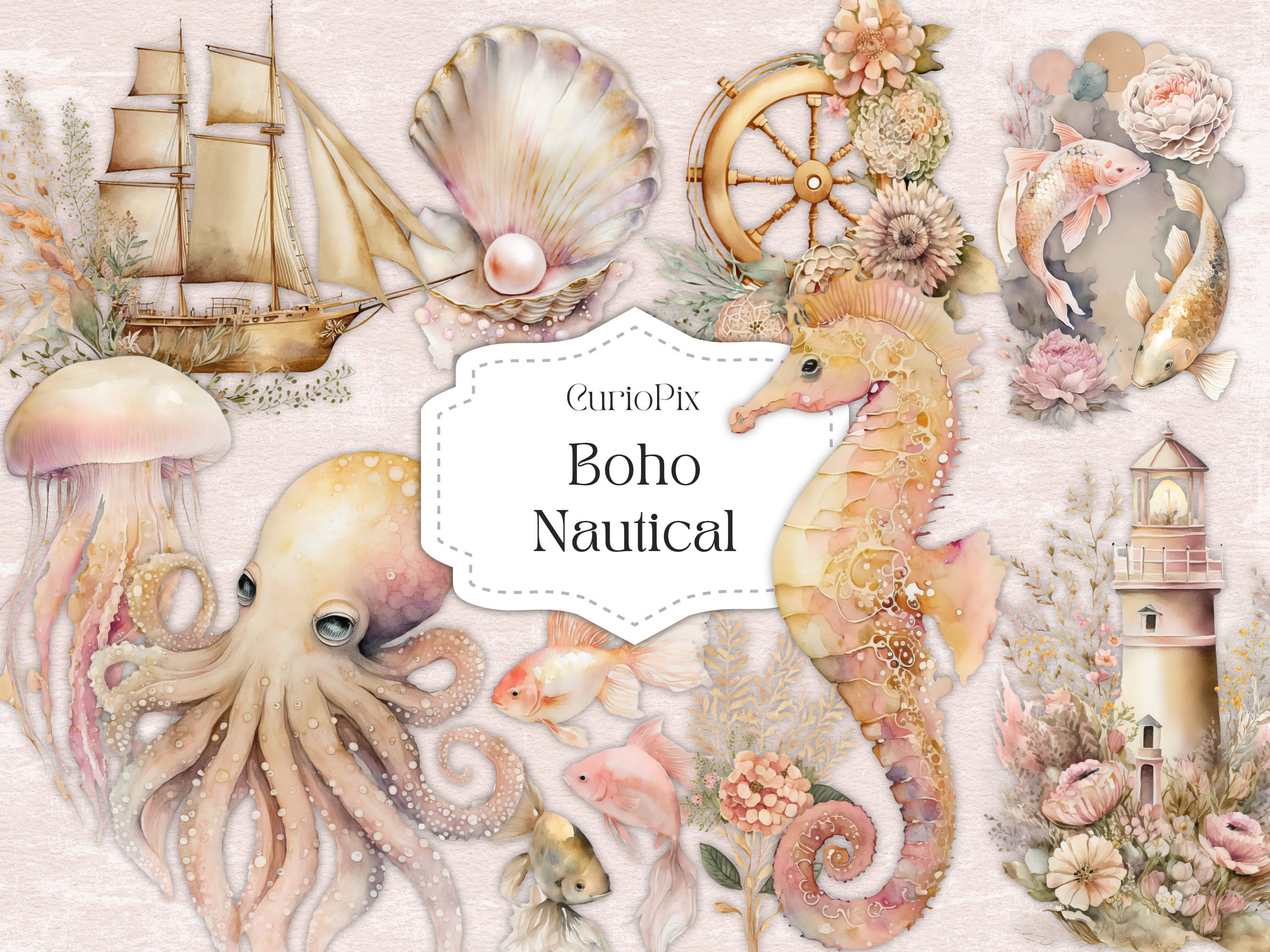 Boho Nautical Watercolor Clipart Ocean Beach Wedding Watercolor PNG ...