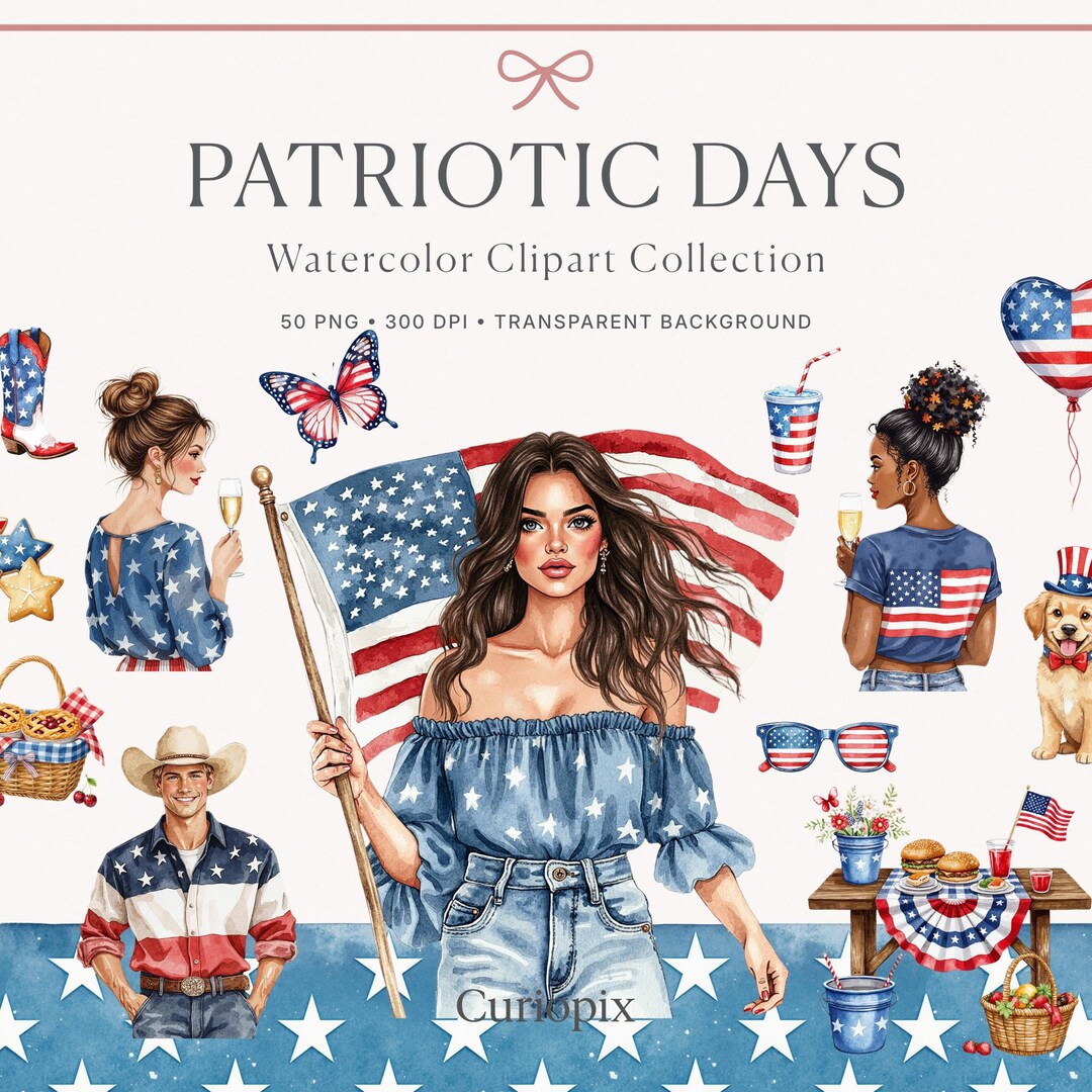 Patriotic 4th of July Clipart, Independence Day Watercolor, American ...