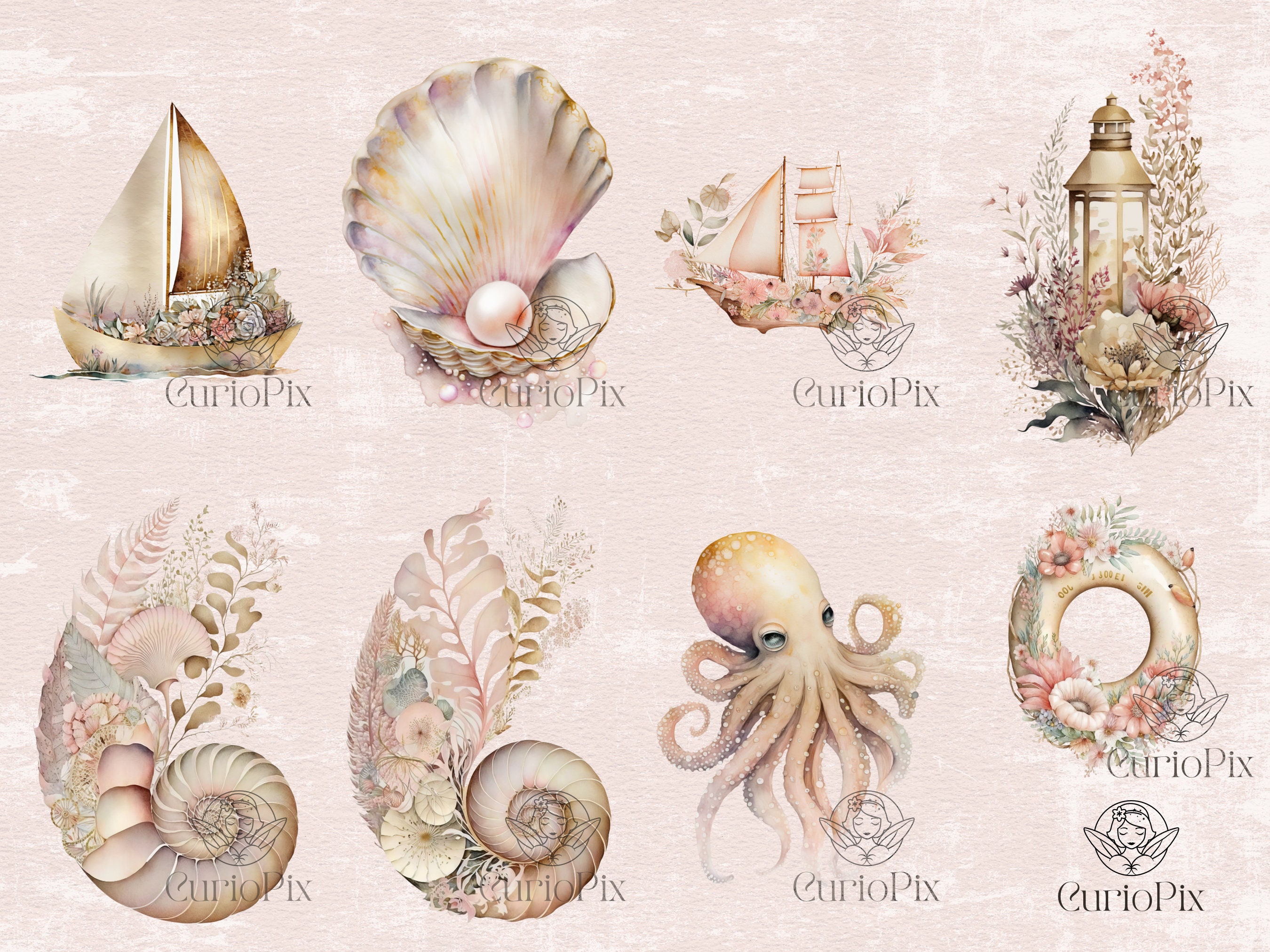 Boho Nautical Watercolor Clipart Ocean Beach Wedding - Etsy
