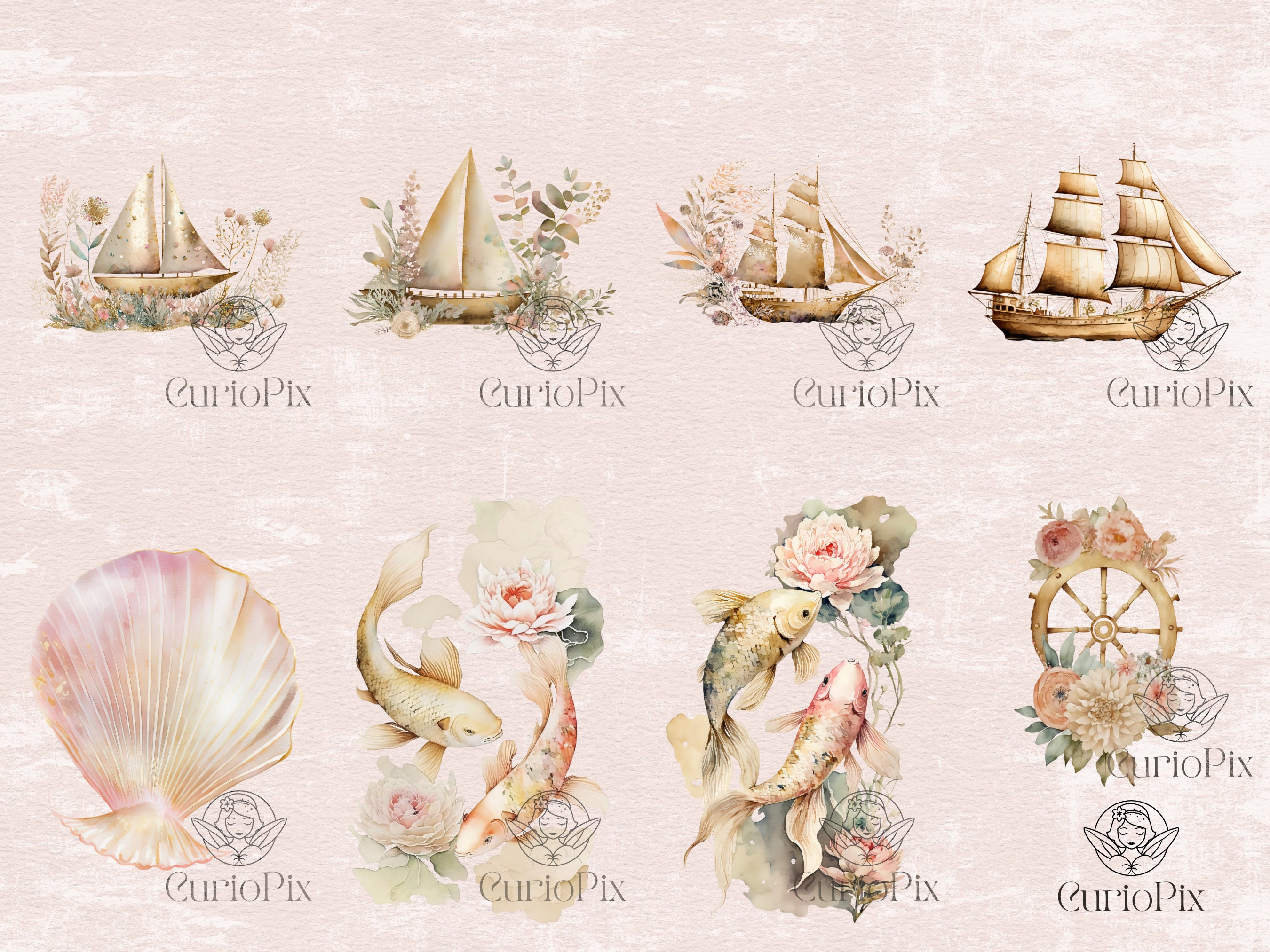 Boho Nautical Watercolor Clipart Ocean Beach Wedding Watercolor PNG ...