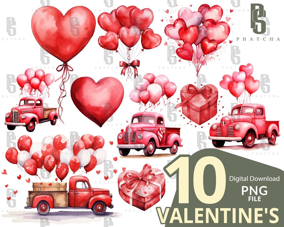 Valentine's Clipart, Valentine Red Truck Clipart, Vintage Truck With ...