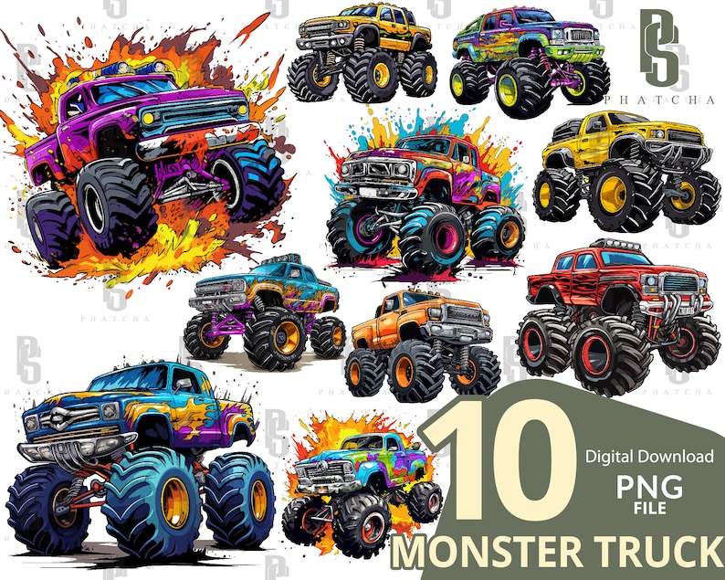 10 Monster Truck Clipart, Monster Truck PNG Bundle, Watercolor Monster ...