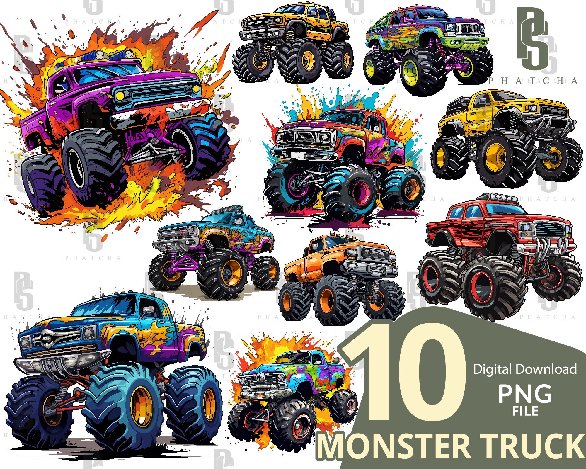 10 Monster Truck Clipart, Monster Truck PNG Bundle, Watercolor Monster ...