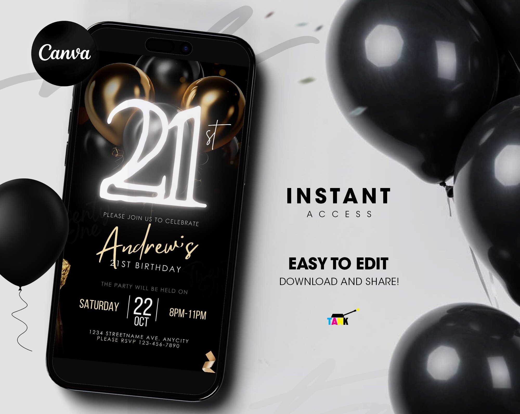 Editable 21st Birthday Invitation, 21st Social Media Birthday Invite ...