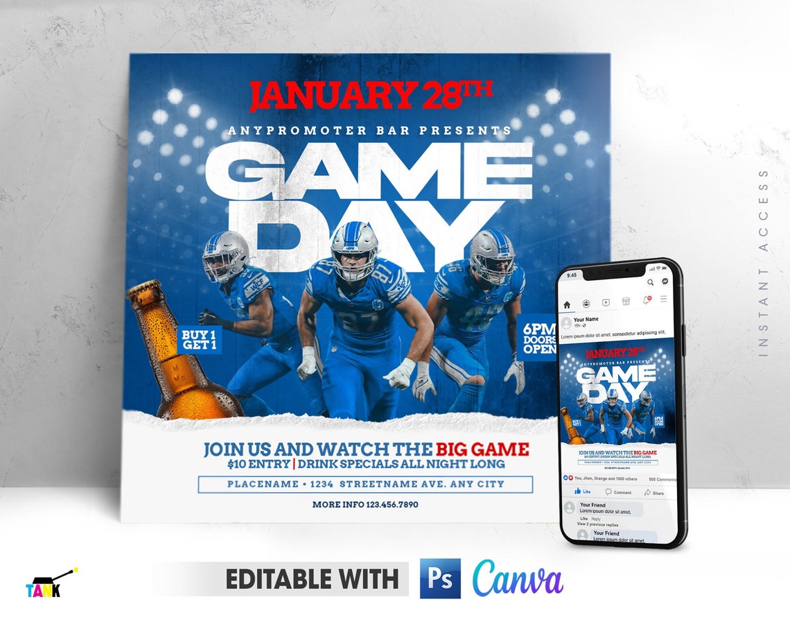Editable Game Day Football Sports Bar Invitation, Football Flyer ...