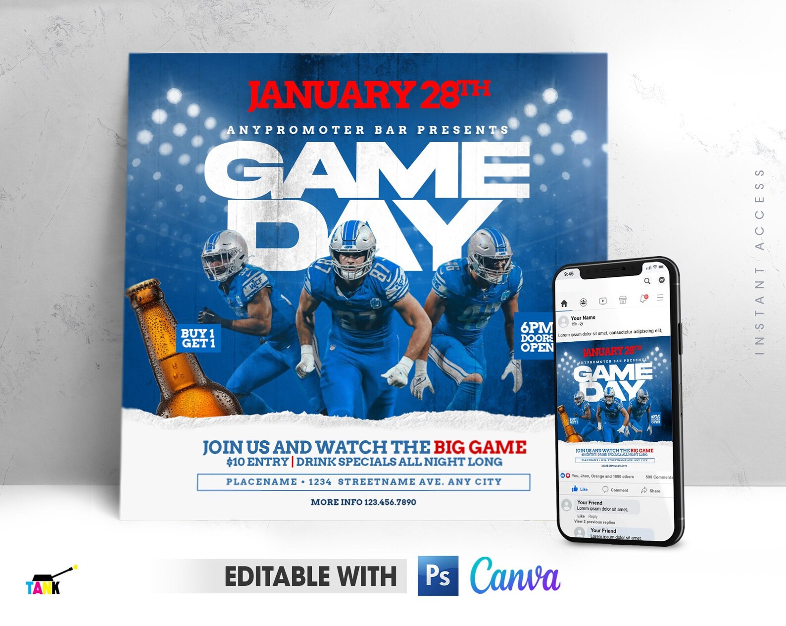 Editable Game Day Football Sports Bar Invitation, Football Flyer ...