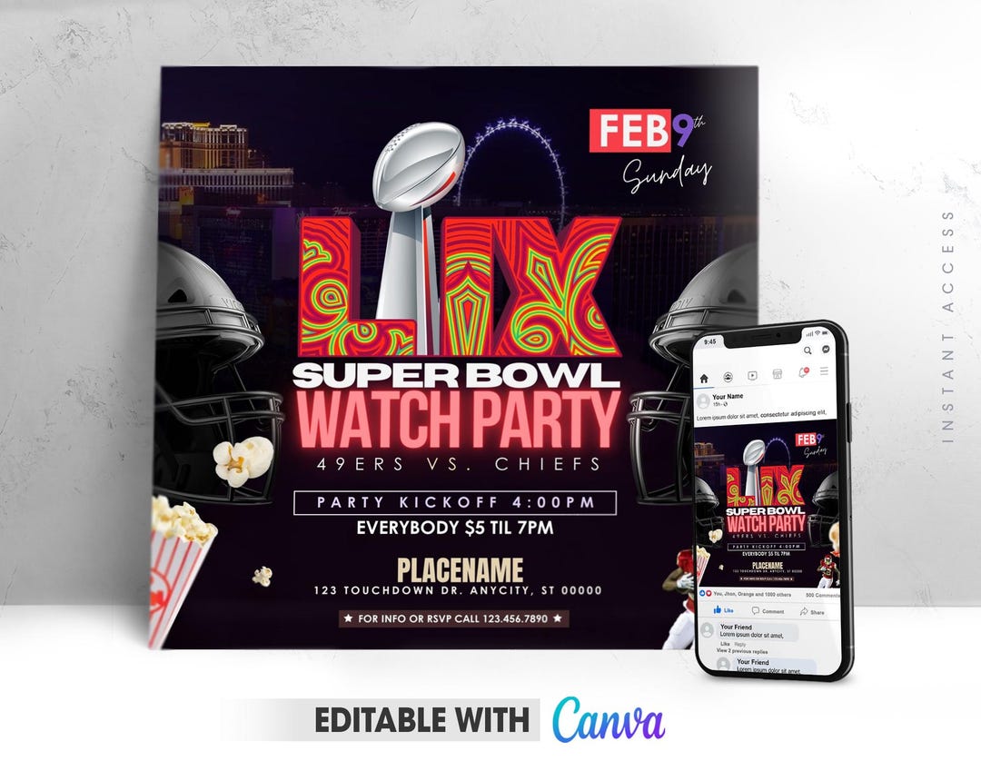 Super Bowl 2025 Flyer, Editable Super Bowl Watch Party Flyer Super Bowl ...