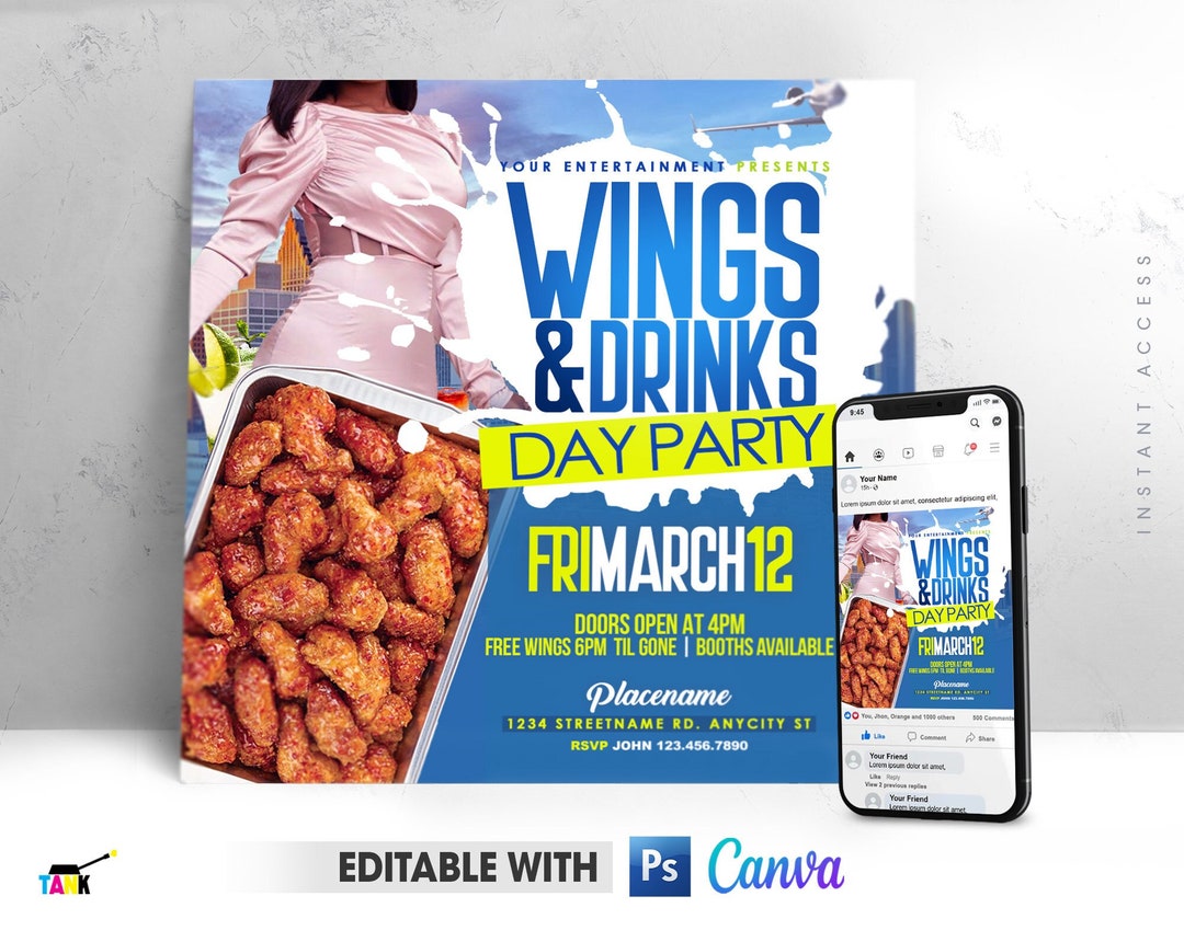 Wings and Drinks Day Party Invitation Day Party Flyer Canva PSD ...