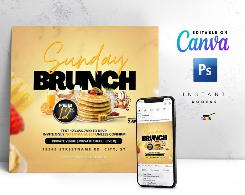 Editable Brunch Invitation Flyer, Sunday Brunch DIY Flyer Canva Brunch ...