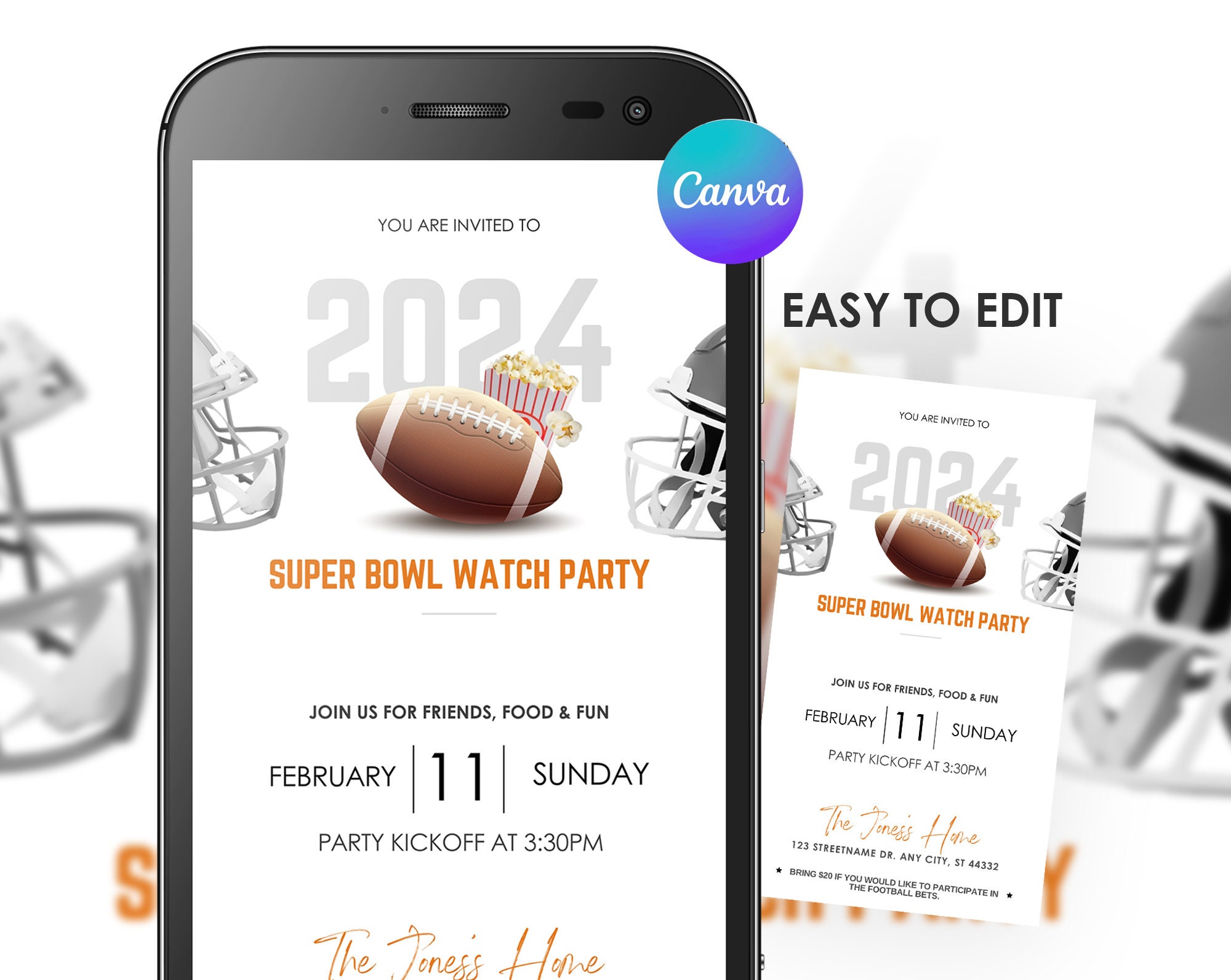 Editable 2024 Super Bowl Invitation Canva Super Bowl Watch Party ...