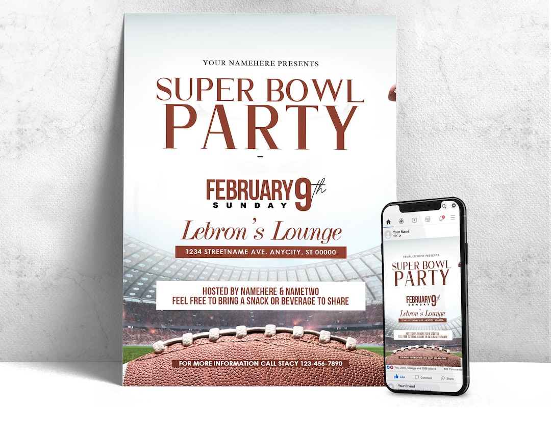 Editable Super Bowl Party Flyer, 2025 Super Bowl Watch Party Template ...