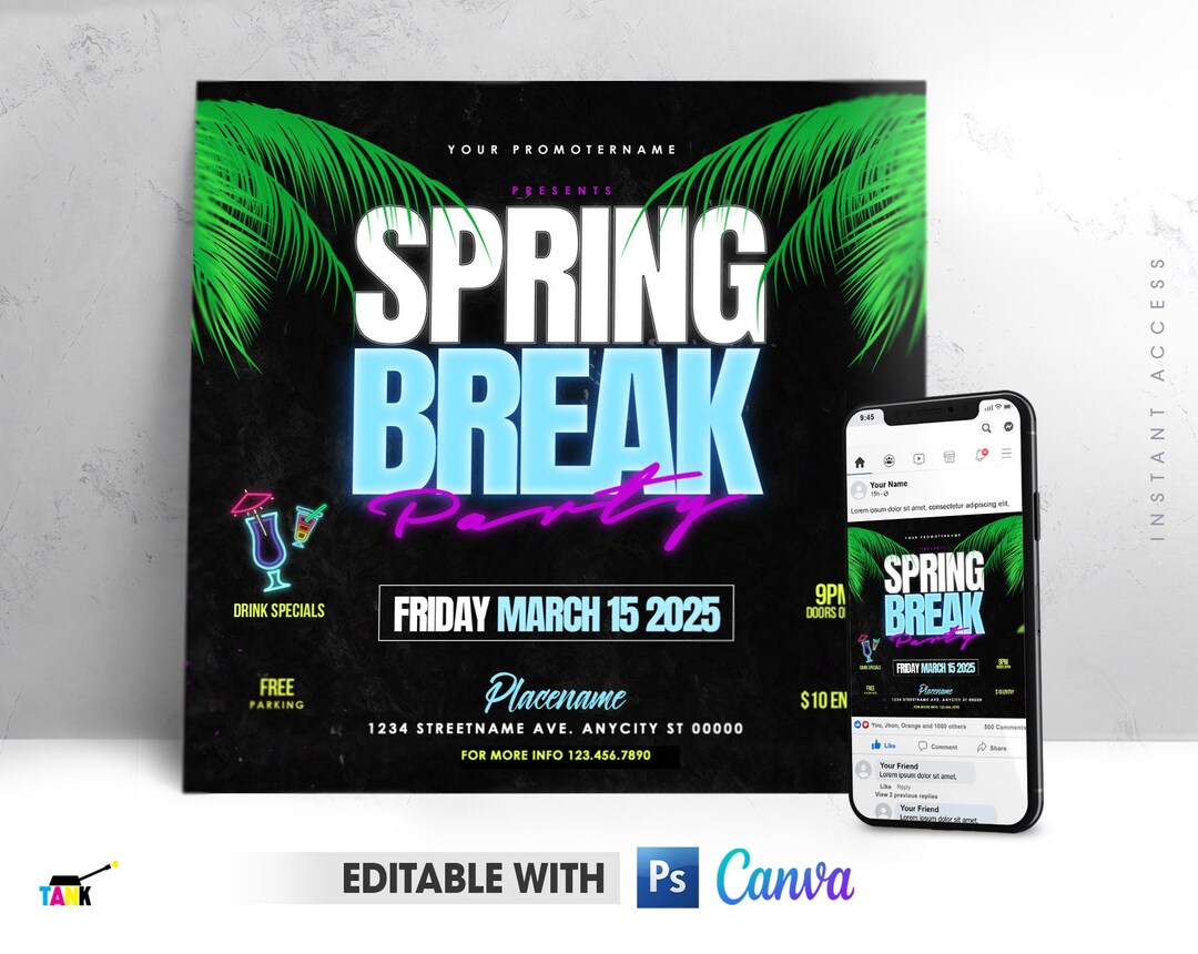 Editable Spring Break Party Flyer Spring Break Canva and Photoshop ...