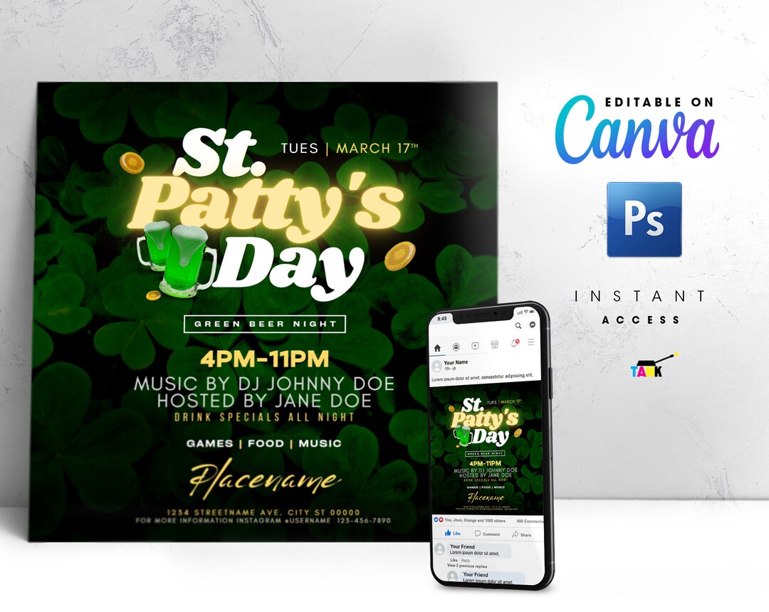 Editable St. Patrick's Day Canva Flyer, St. Patty's Day, Green Beer ...