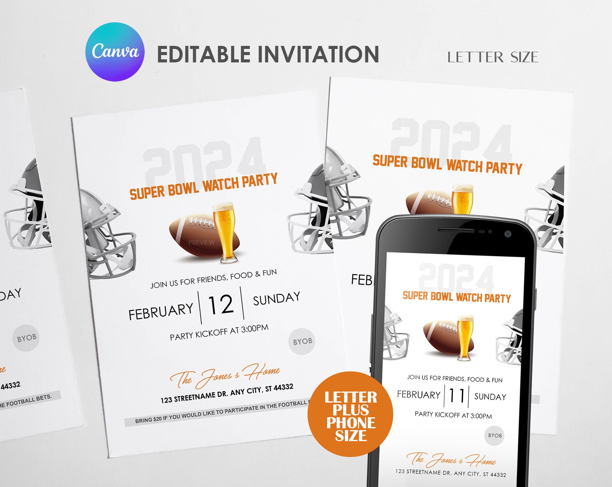 Editable 2024 Super Bowl Invitation Canva Super Bowl Watch Party ...