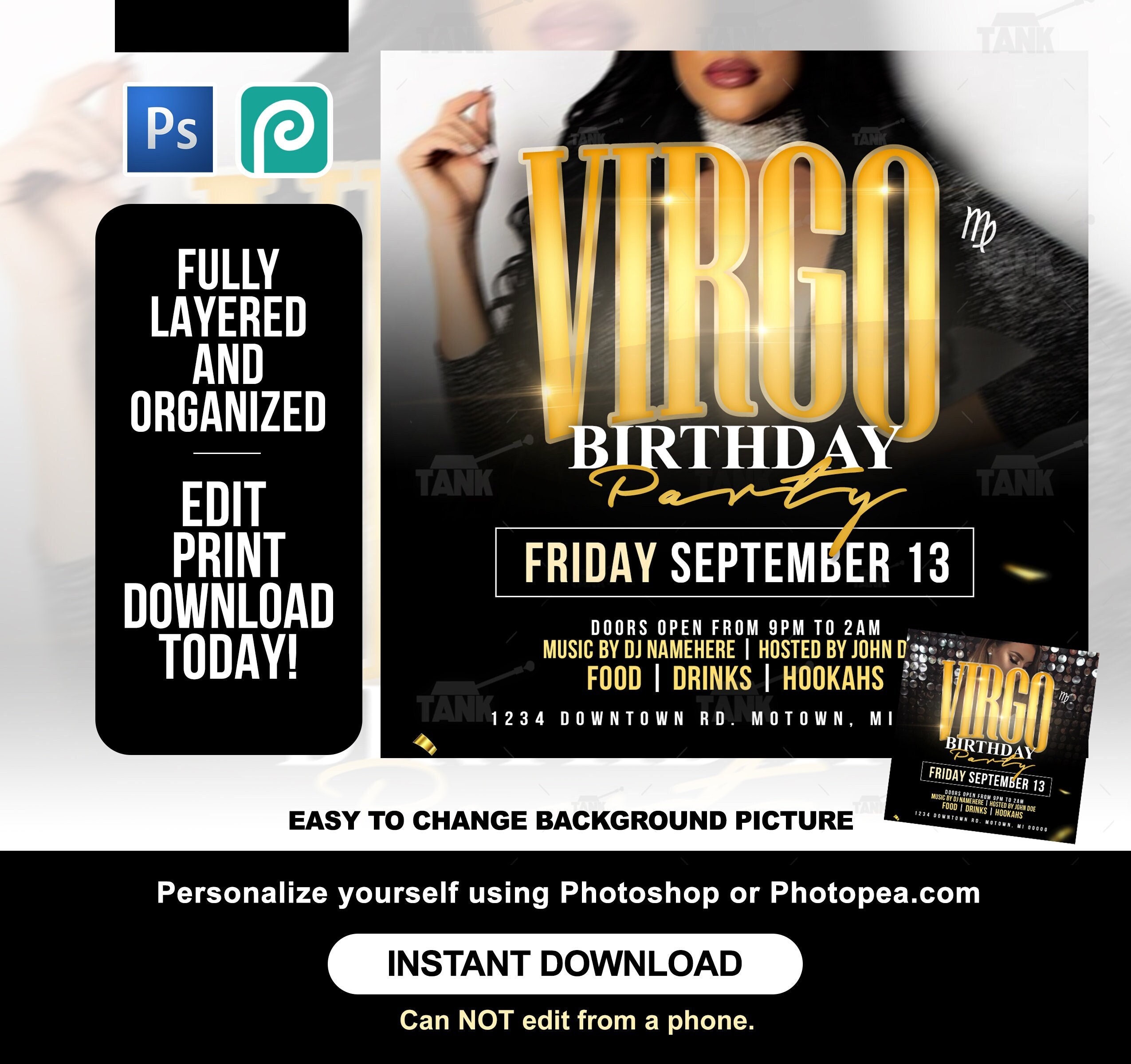 Virgo Birthday Party Flyer, Virgo Bash Party PSD Flyer Fully Editable ...
