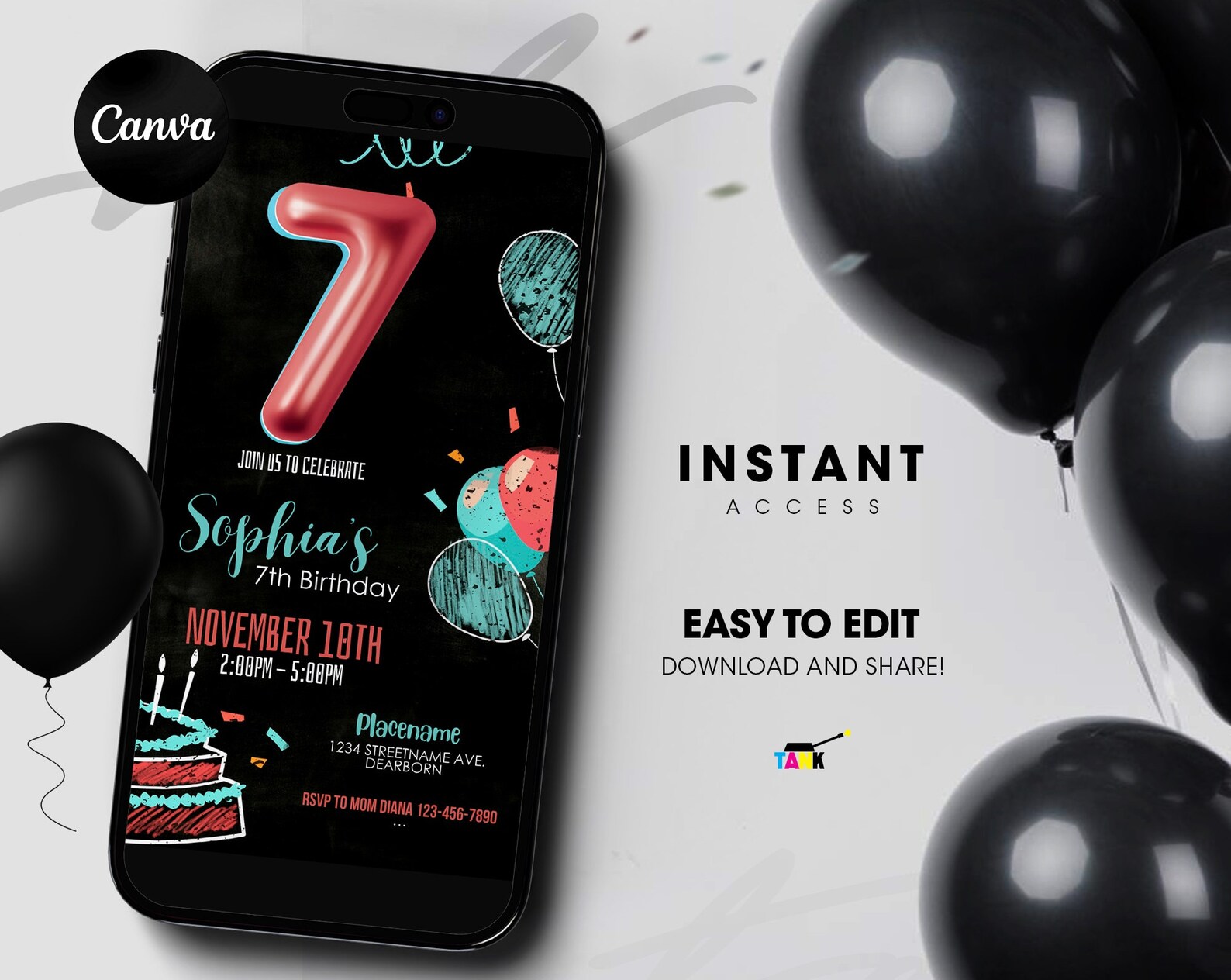 Editable 7th Birthday Party Invitation, Birthday Invite Canva Template ...