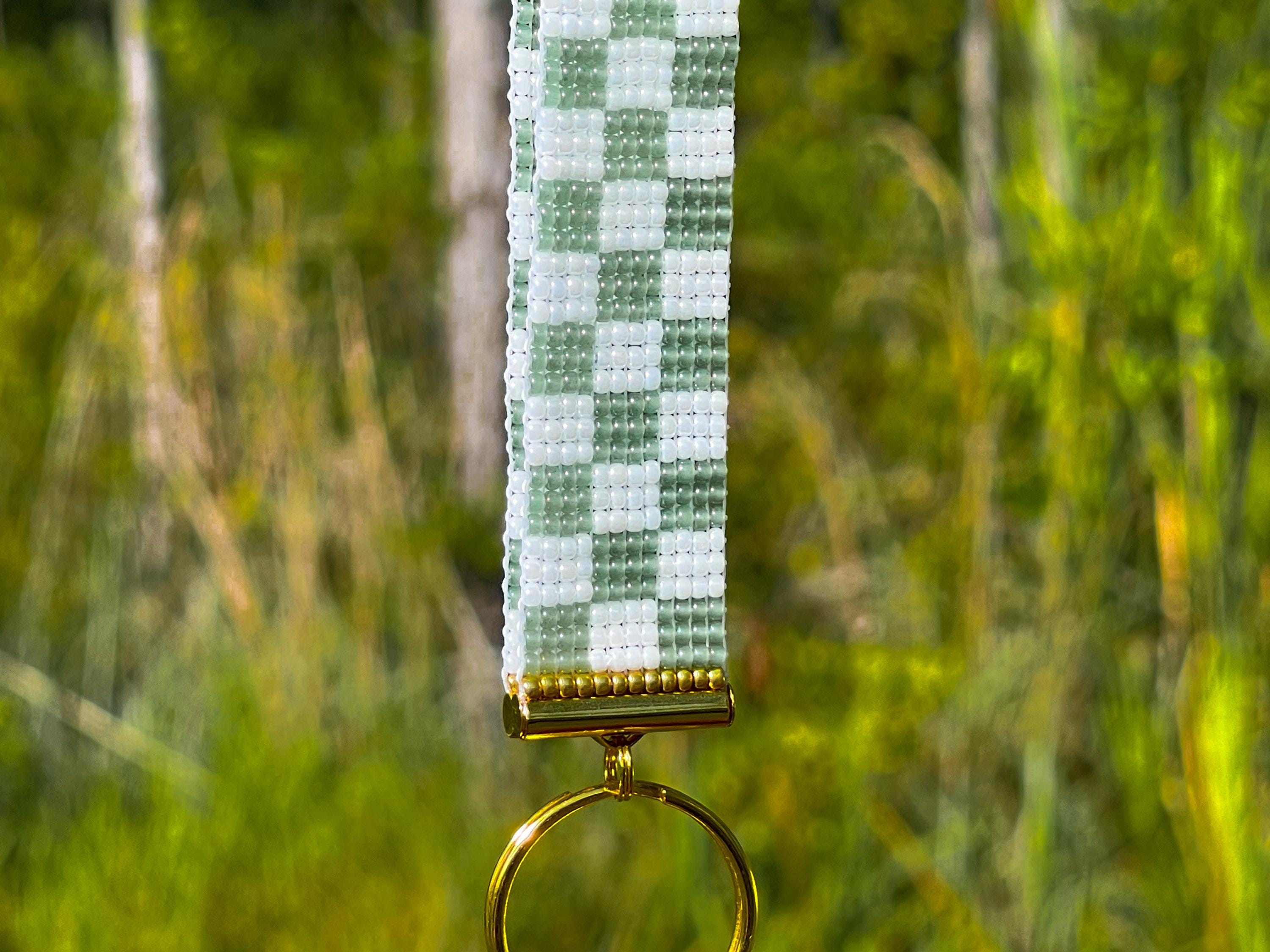 Sage Green and White Checkered Beaded Wristlet Loop Keychain With Gold ...
