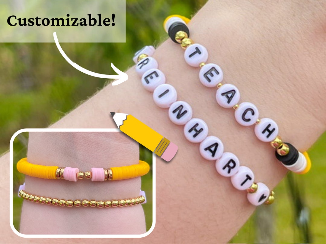 Teach Heishi Bead Stretch Bracelet Set With Name | Pencil Bracelet | Bracelet for Teachers ...