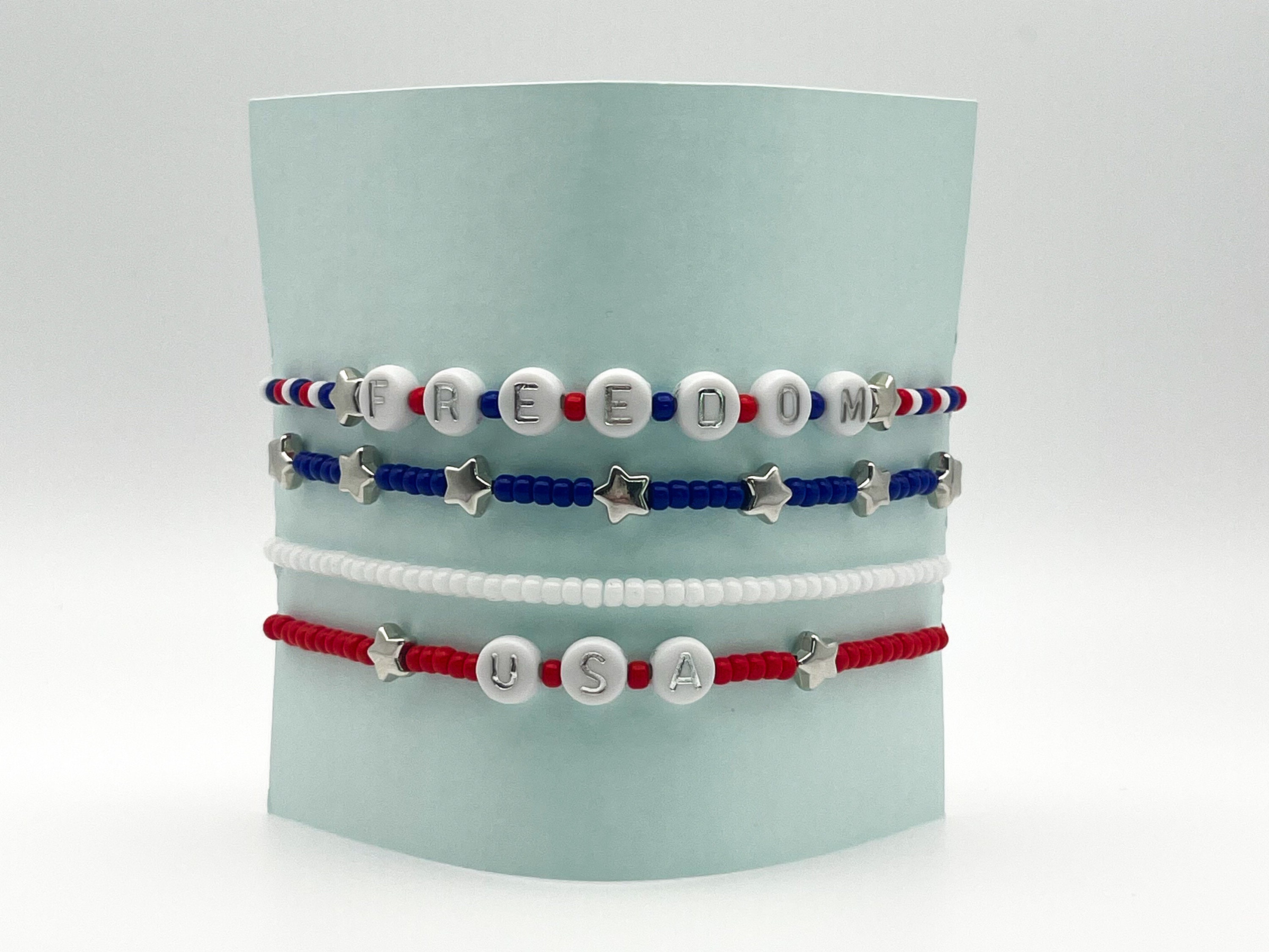Patriotic USA and Freedom Bead Stretch Bracelet Set Silver or Gold Red ...