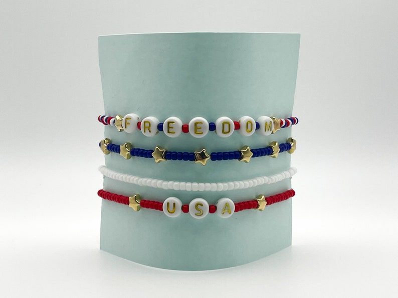 Patriotic USA and Freedom Bead Stretch Bracelet Set Silver or Gold Red ...