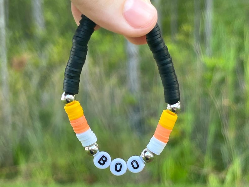 Boo Candy Corn Halloween Heishi Bead Stretch Bracelet or Set Candy Corn ...