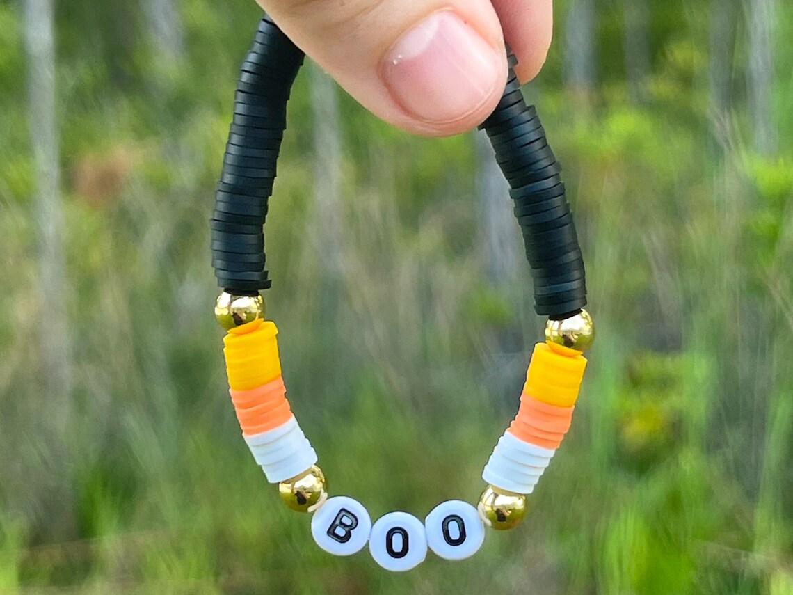 Boo Candy Corn Halloween Heishi Bead Stretch Bracelet or Set Candy Corn ...