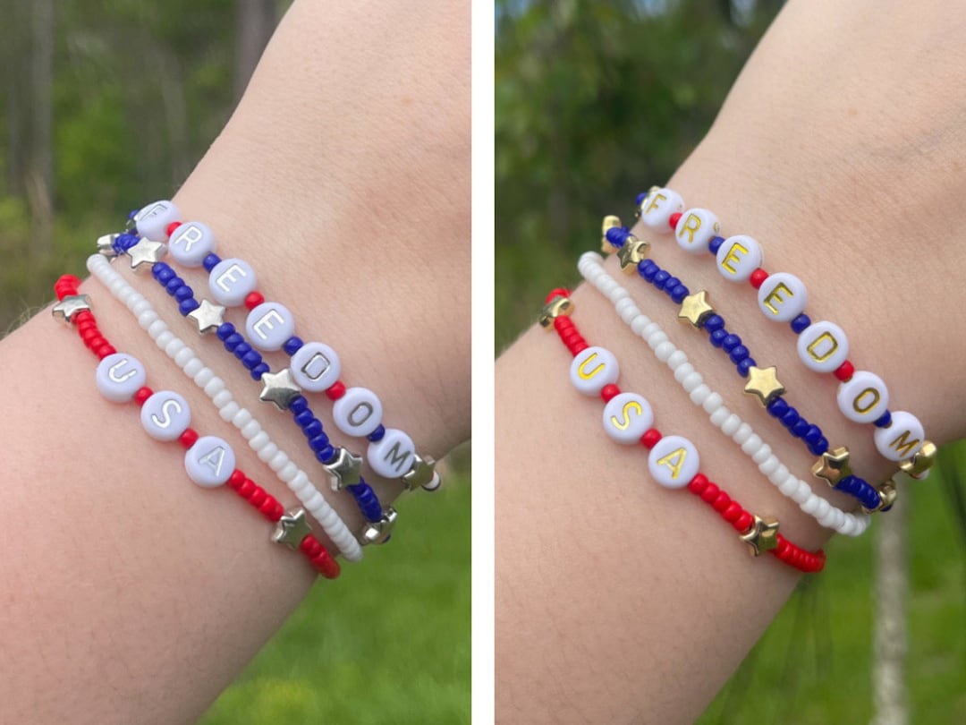 Patriotic USA and Freedom Bead Stretch Bracelet Set Silver or Gold Red ...