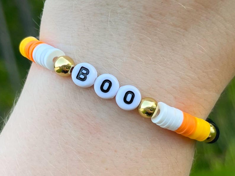 Boo Candy Corn Halloween Heishi Bead Stretch Bracelet or Set Candy Corn ...