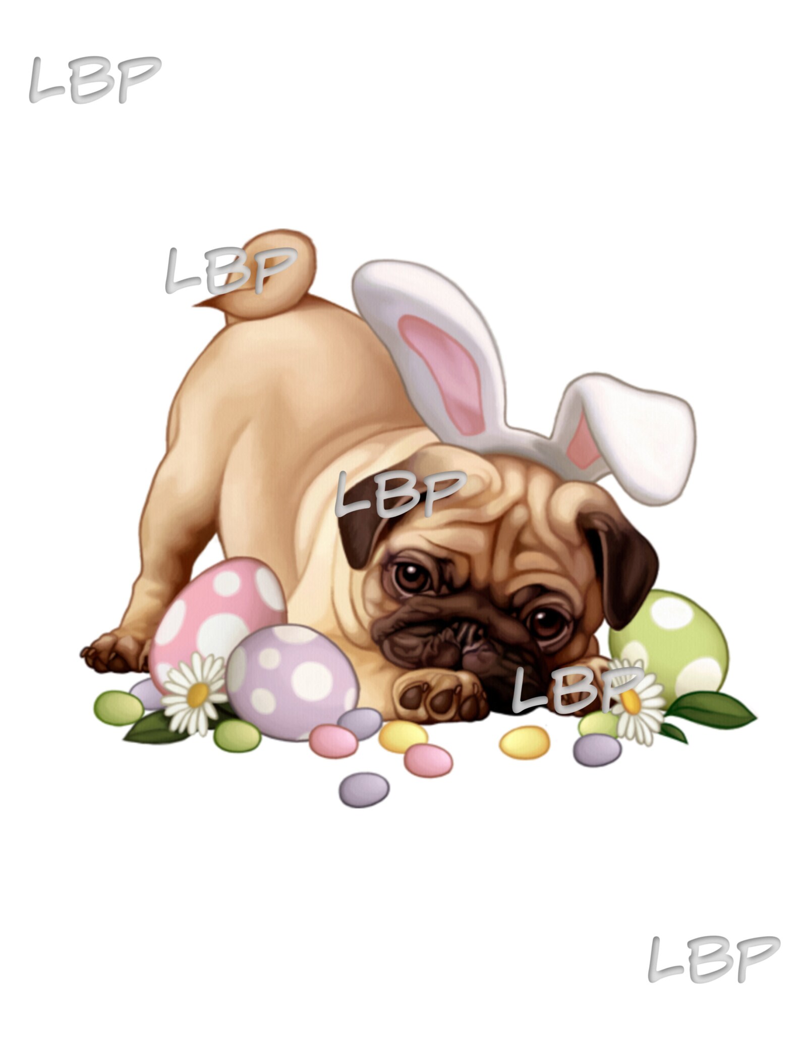 Easter Bunny Pug, Easter Puppy, Bunny Ears, Easter Eggs, Jelly Beans ...