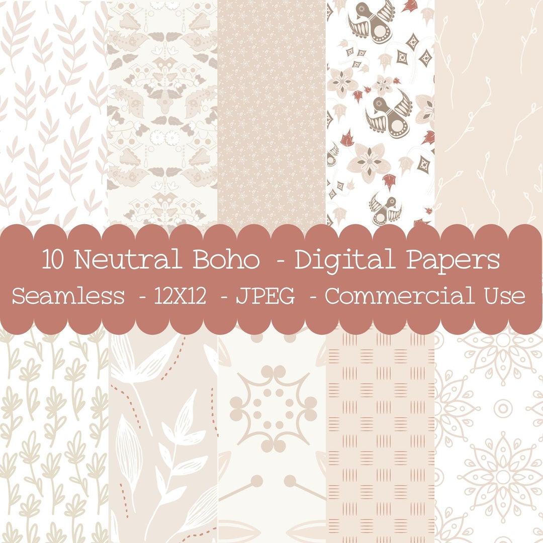 Boho Neutral Seamless Digital Papers, Set of 10, Cute Boho Neutral Art ...