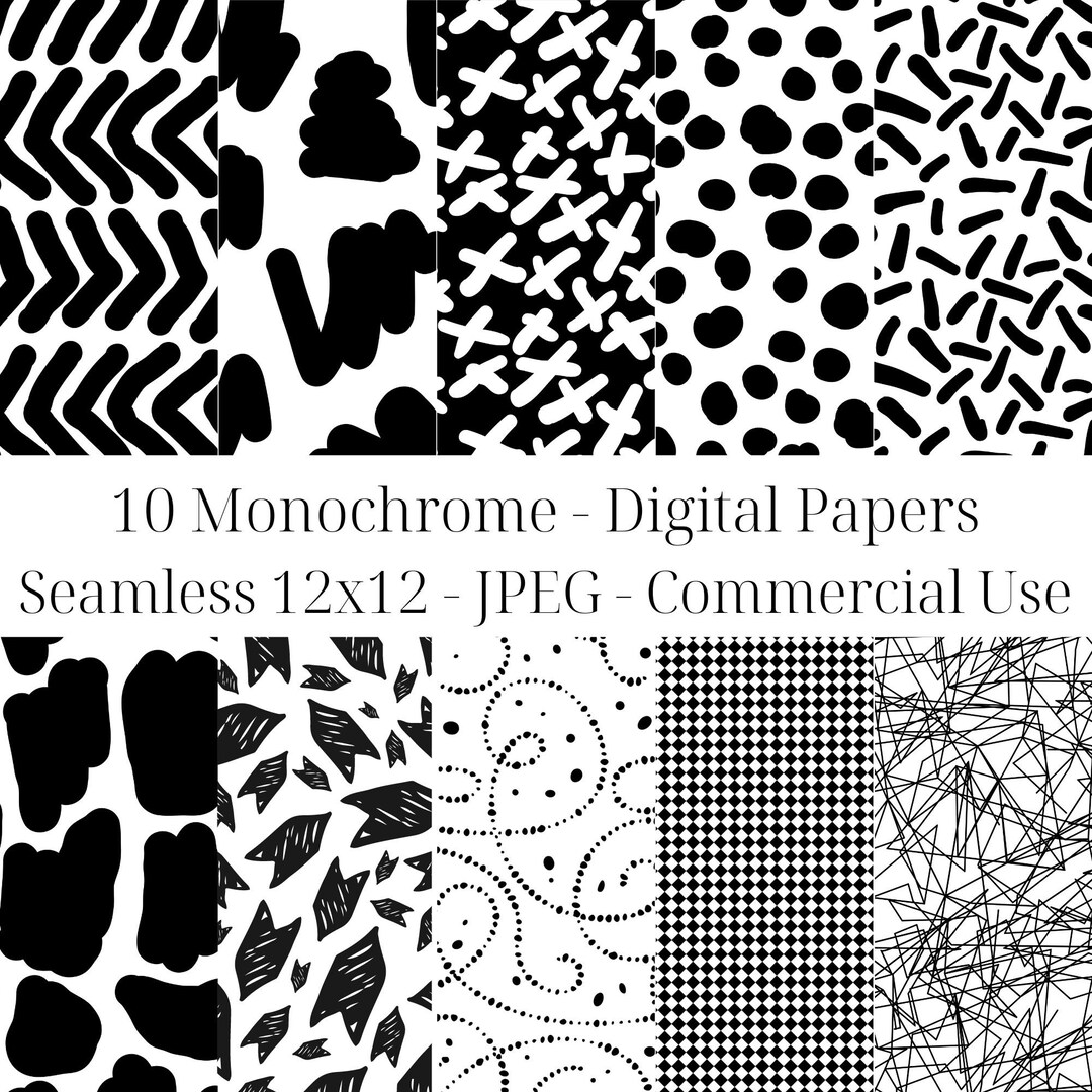 10 Black and White Seamless Digital Papers, Monochrome Digital Art ...