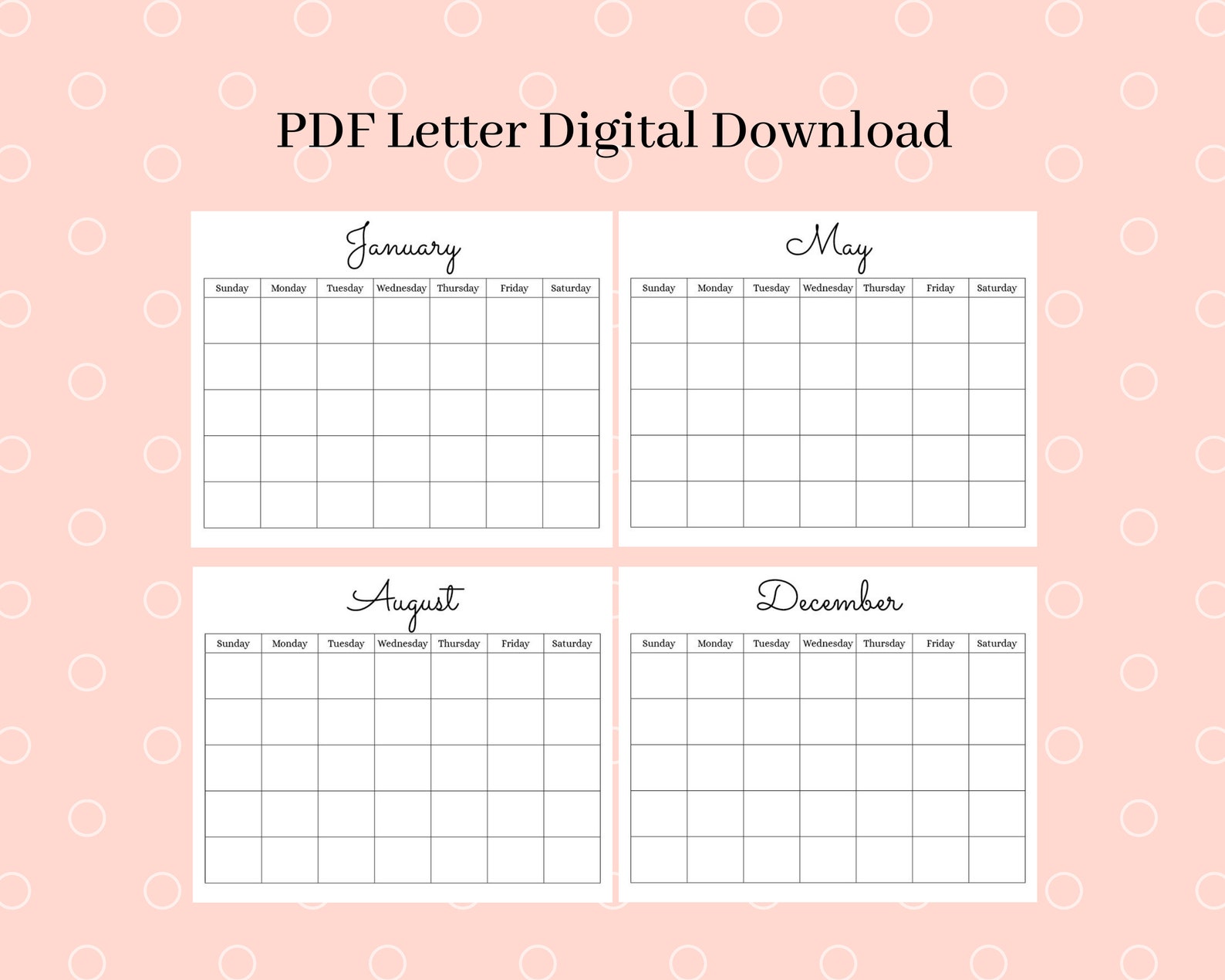 Printable Monthly Calendar, Digital Calendar, Blank Calendar PDF ...